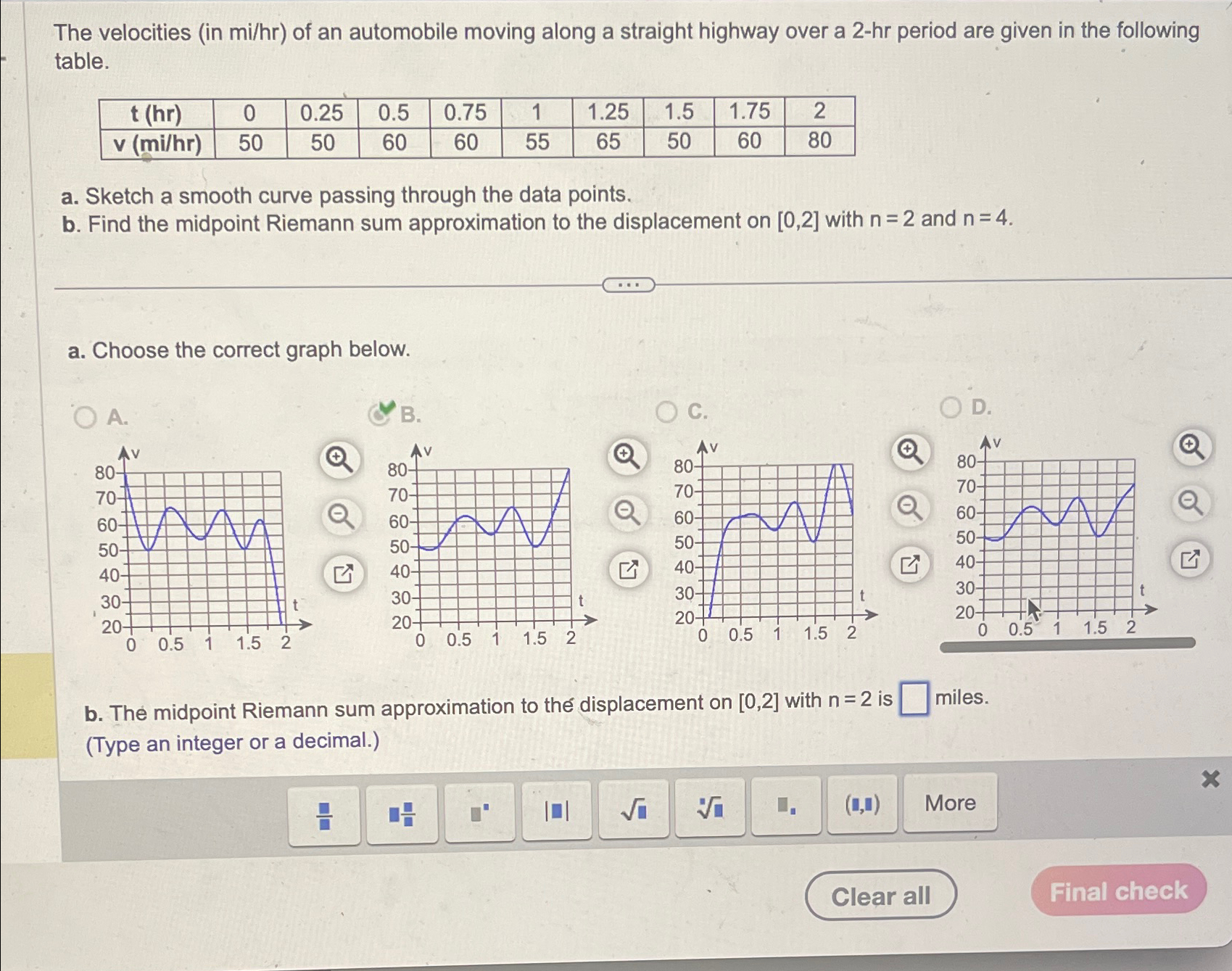 Solved The velocities (in mihr ) ﻿of an automobile moving | Chegg.com