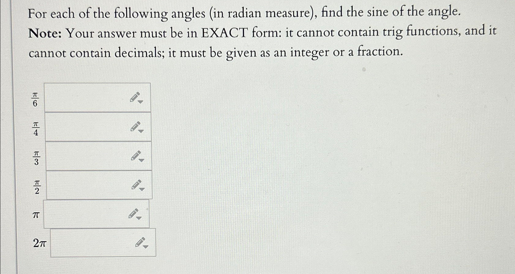 Solved For each of the following angles (in radian measure), | Chegg.com