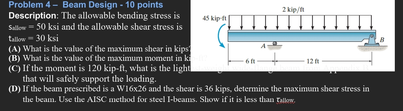 Solved Problem 4 - ﻿Beam Design - 10 ﻿pointsDescription: The | Chegg.com