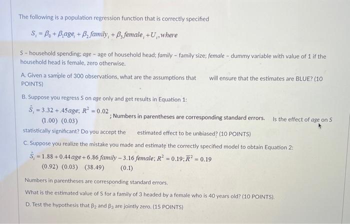 Solved The following is a population regression function | Chegg.com