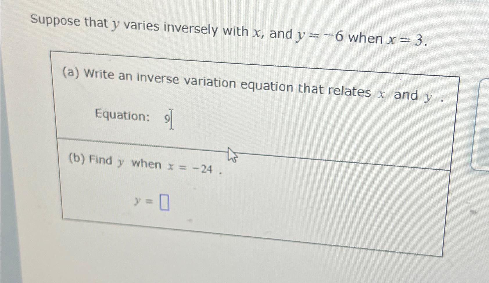Solved Suppose that y ﻿varies inversely with x, ﻿and y=-6 | Chegg.com