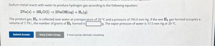 Sodium metal reacts with water to produce hydrogen | Chegg.com