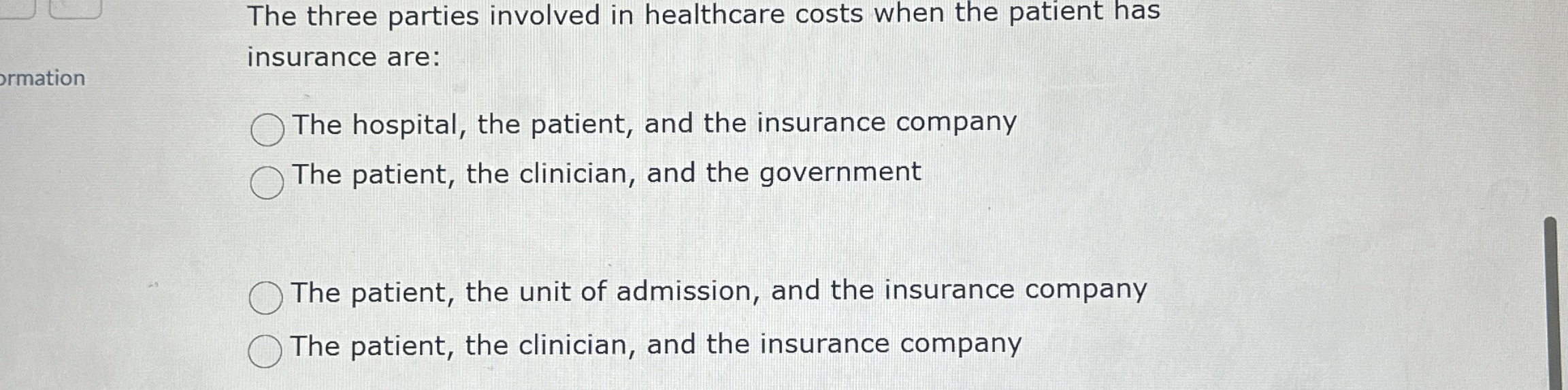 Solved The three parties involved in healthcare costs when | Chegg.com