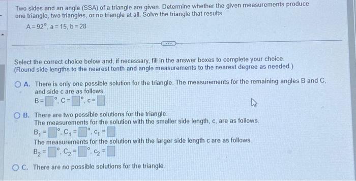 Solved Two sides and an angle (SSA) of a triangle are given. | Chegg.com