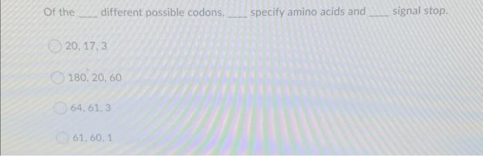 Solved Of the different possible codons, specify amino acids | Chegg.com