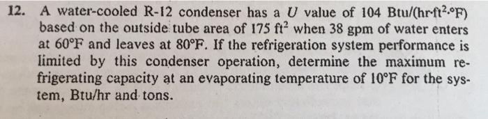 Solved 2. A water-cooled R−12 condenser has a U value of | Chegg.com