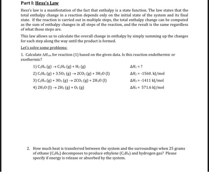 Solved Part I: Hess's Law Hess's law is a manifestation of | Chegg.com