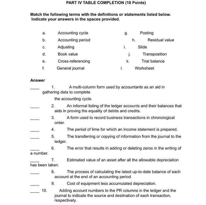 Solved PART IV TABLE COMPLETION (10 Points) Match the | Chegg.com