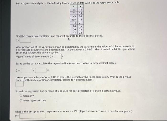Solved Run a regression analysis on the following bivariate | Chegg.com