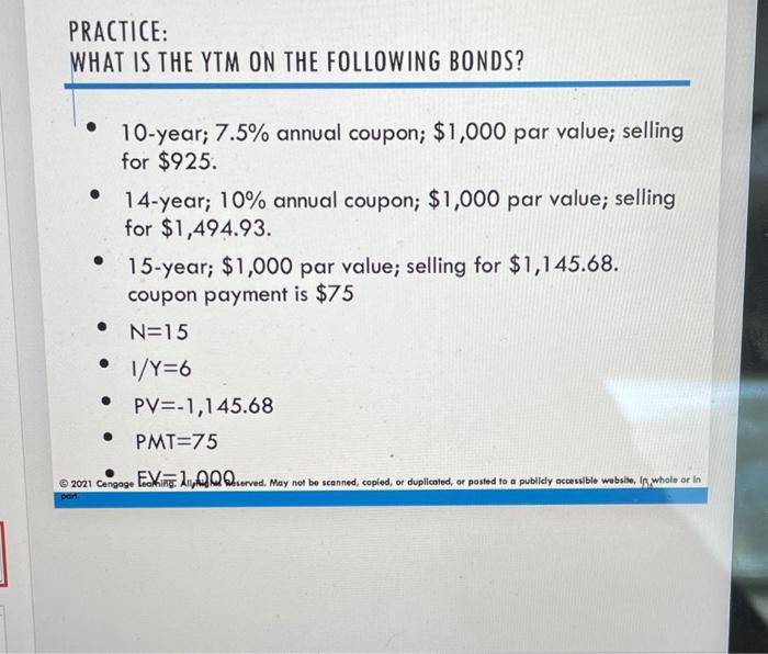 Solved PRACTICE: WHAT IS THE YTM ON THE FOLLOWING BONDS? . | Chegg.com