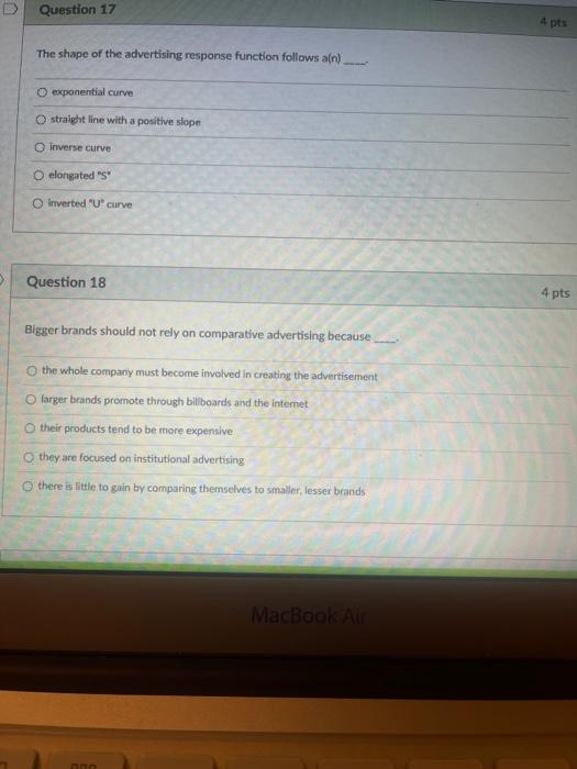Solved Question 17 4 pts The shape of the advertising | Chegg.com