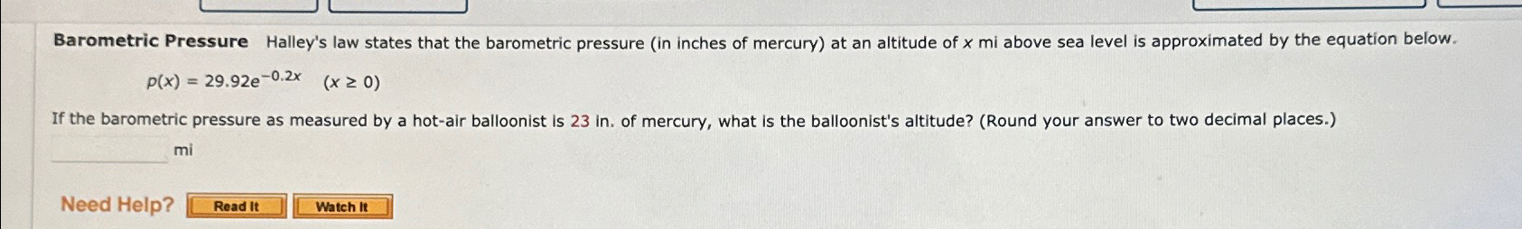 Solved Barometric Pressure Halley's law states that the | Chegg.com