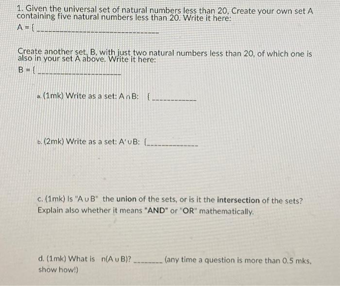 Solved 1. Given the universal set of natural numbers less | Chegg.com