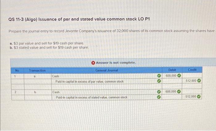 Solved QS 11-3 (Algo) Issuance of par and stated value | Chegg.com