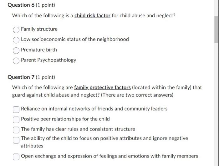 Which of the following is a child risk factor for | Chegg.com