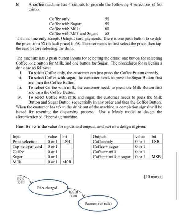 Solved b) A coffee machine has 4 outputs to provide the | Chegg.com