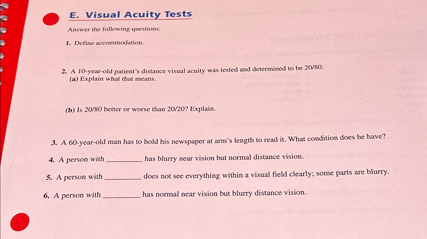 Solved E. ﻿Visual Acuity TestsAnswer the following | Chegg.com