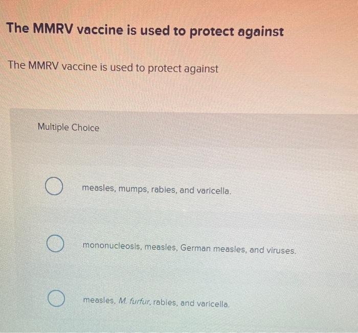 Solved The MMRV vaccine is used to protect against The MMRV | Chegg.com