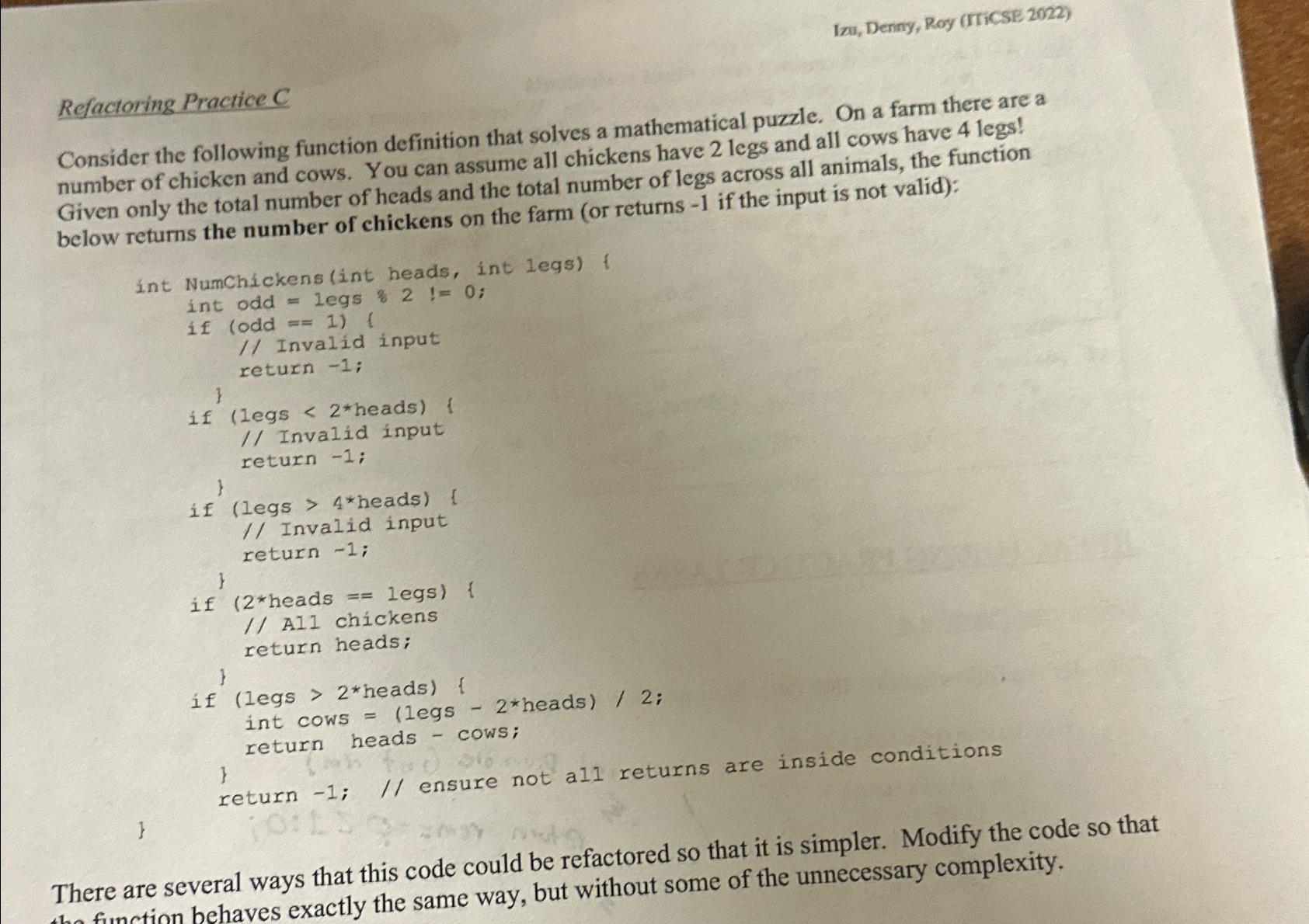 Solved IFu, Denny, Roy (TTiCSE 2022)Refactoring Practice | Chegg.com