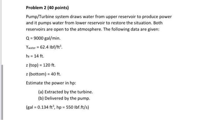 Solved Problem 2 (40 points) Pump/Turbine system draws water | Chegg.com