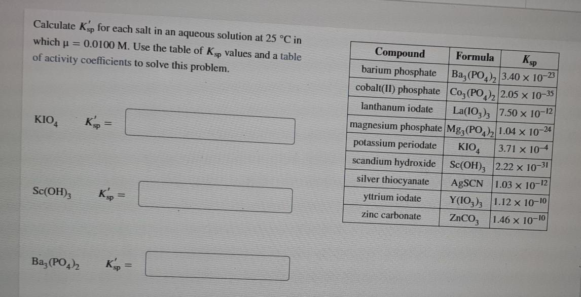 Solved Calculate Ksp for each salt in an aqueous solution at | Chegg.com