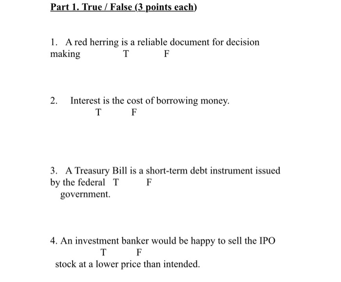 Solved Part 1. True / False (3 points each) 1. A red herring | Chegg.com