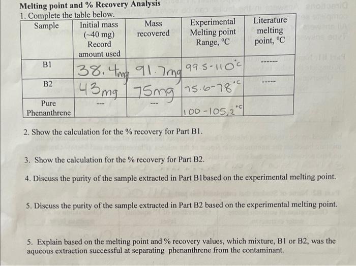 Solved Melting point and % Recovery Analysis 2. Show the | Chegg.com
