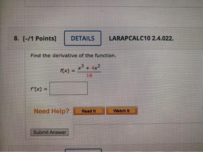 Solved 8. [-/1 Points] DETAILS LARAPCALC10 2.4.022. Find the | Chegg.com