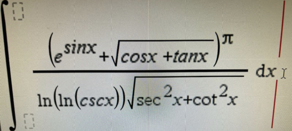 Solved (esinx+cosx+tanx2)πln(ln(cscx))sec2x+cot2x2dx | Chegg.com Solved (esinx+cosx+tanx2)πln(ln(cscx))sec2x+cot2x2dx | Chegg.com