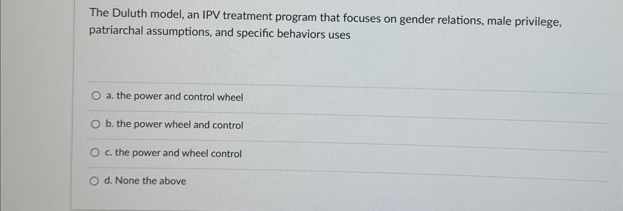 Solved The Duluth model, an IPV treatment program that | Chegg.com