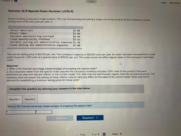 Solved pter 12 Help Save & Exit Exercise 12-9 Special Order | Chegg.com