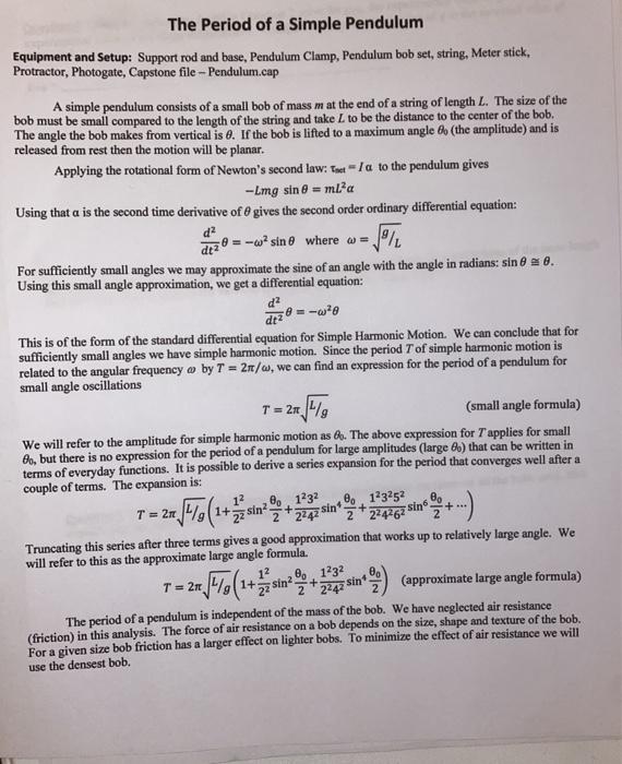 Solved (A) The Pendulum at Large Angles We will study the | Chegg.com