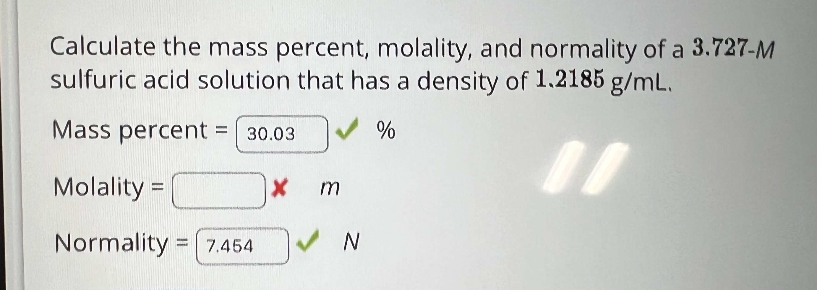 Solved Calculate the mass percent, molality, and normality | Chegg.com