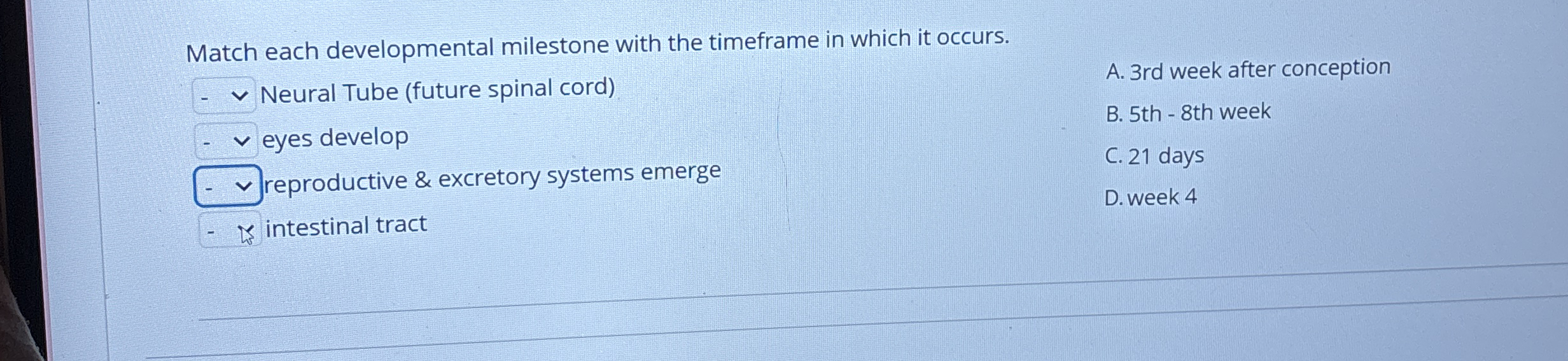 Match each developmental milestone with the timeframe | Chegg.com