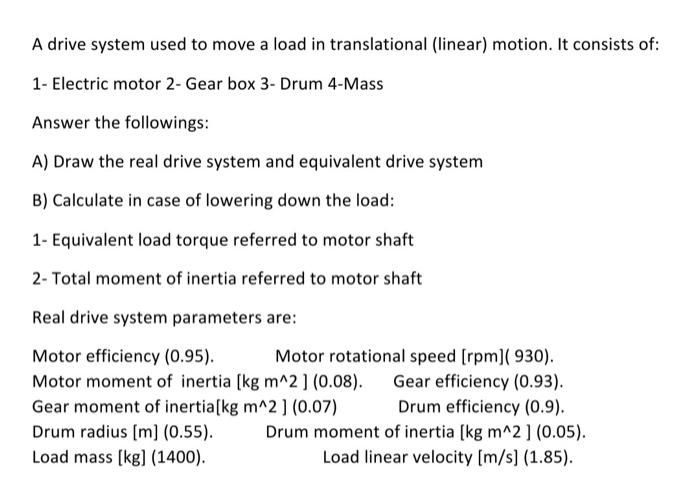 Solved A drive system used to move a load in translational | Chegg.com