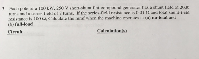 Solved 3. Each pole of a 100 kW, 250 V short-shunt | Chegg.com