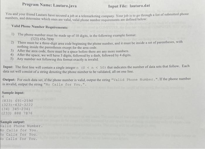 Solved Program Name: Lautaro.java Input File: lautaro.dat | Chegg.com