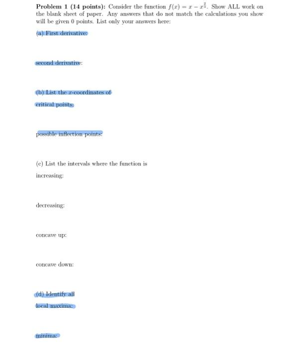 Problem 1 (14 points): Consider the function | Chegg.com