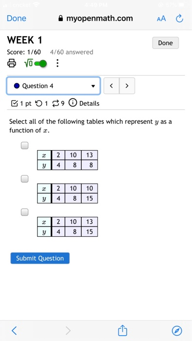 Solved Done myopenmath.com AA Done WEEK 1 Score: 1/60 4/60 | Chegg.com