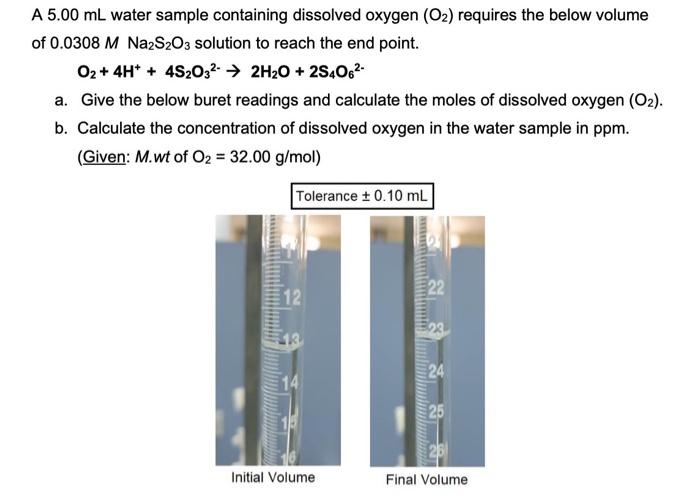Solved A 5.00 mL water sample containing dissolved oxygen | Chegg.com