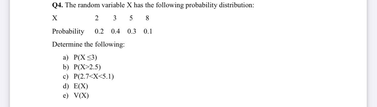 Solved Q4. ﻿The random variable x ﻿has the following | Chegg.com