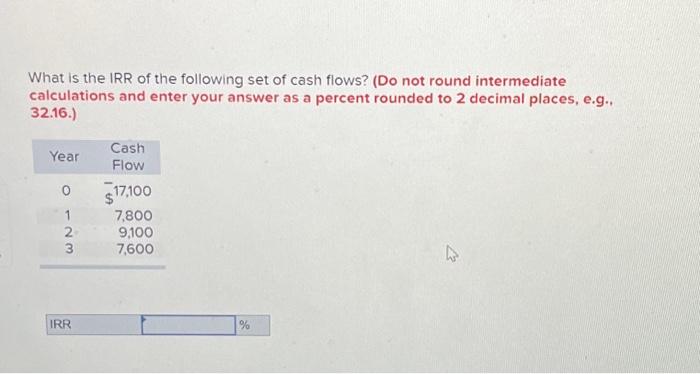 Solved What is the IRR of the following set of cash flows? | Chegg.com