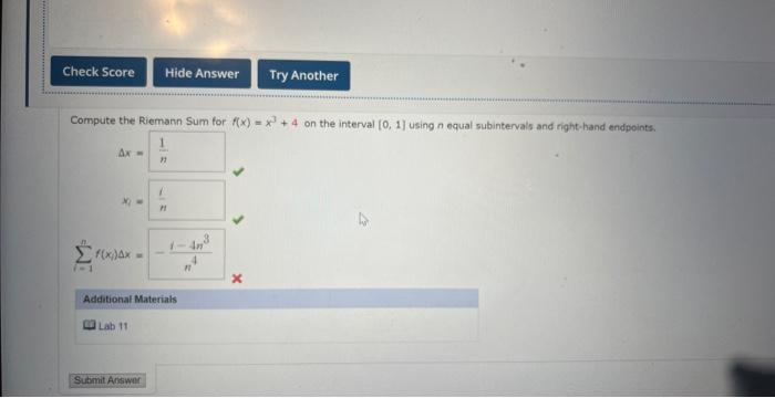 Solved Compute the Riemann Sum for f(x)=x3+4 on the interval | Chegg.com