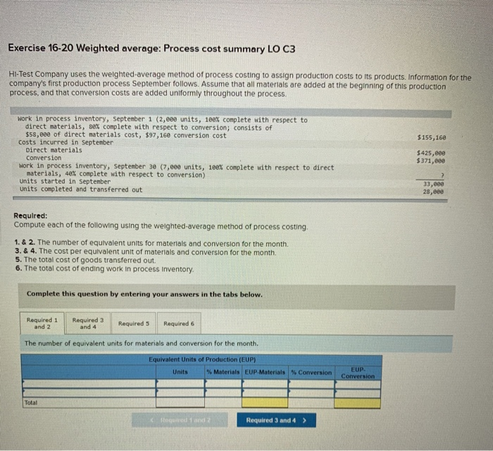 Solved Exercise 16-20 Weighted average: Process cost summary | Chegg.com