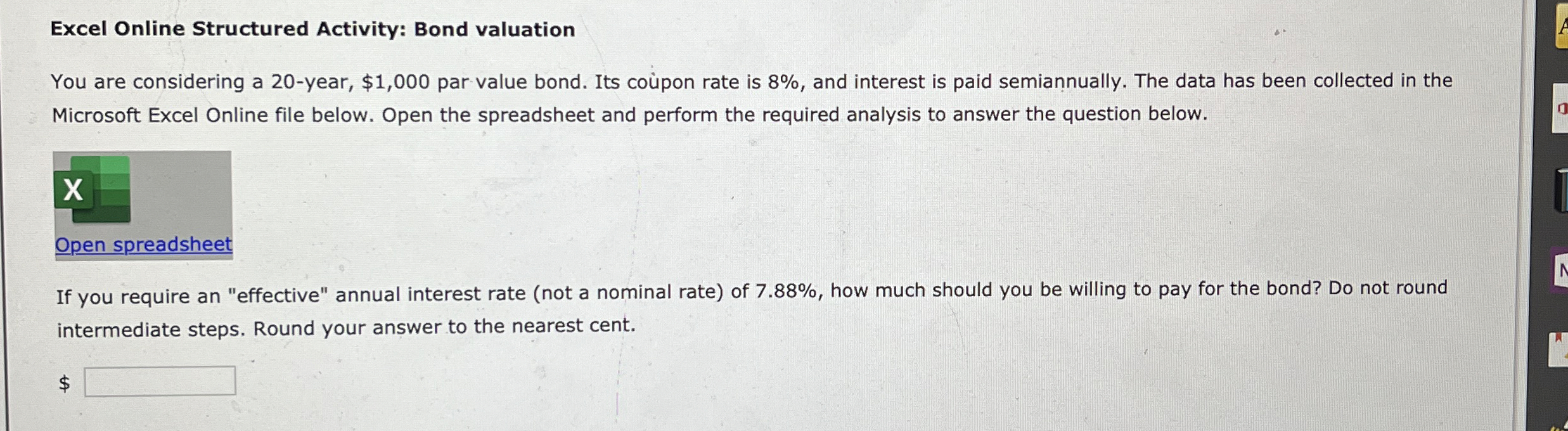 Solved Excel Online Structured Activity: Bond valuationYou | Chegg.com
