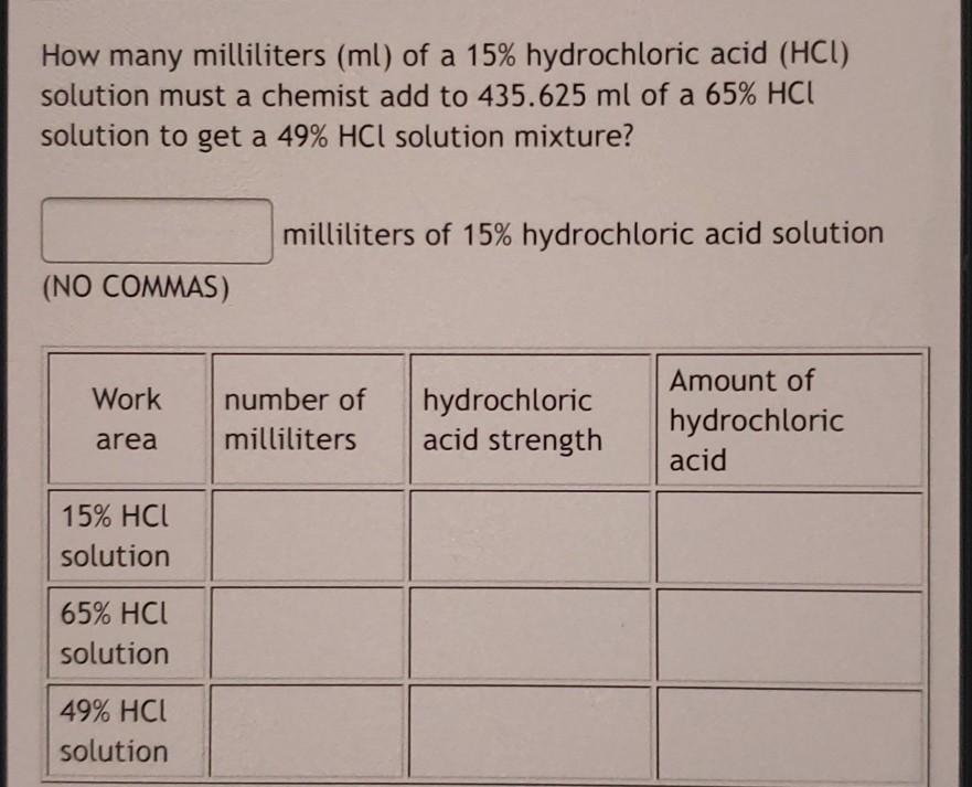 Solved How many milliliters (ml) of a 15% hydrochloric acid | Chegg.com