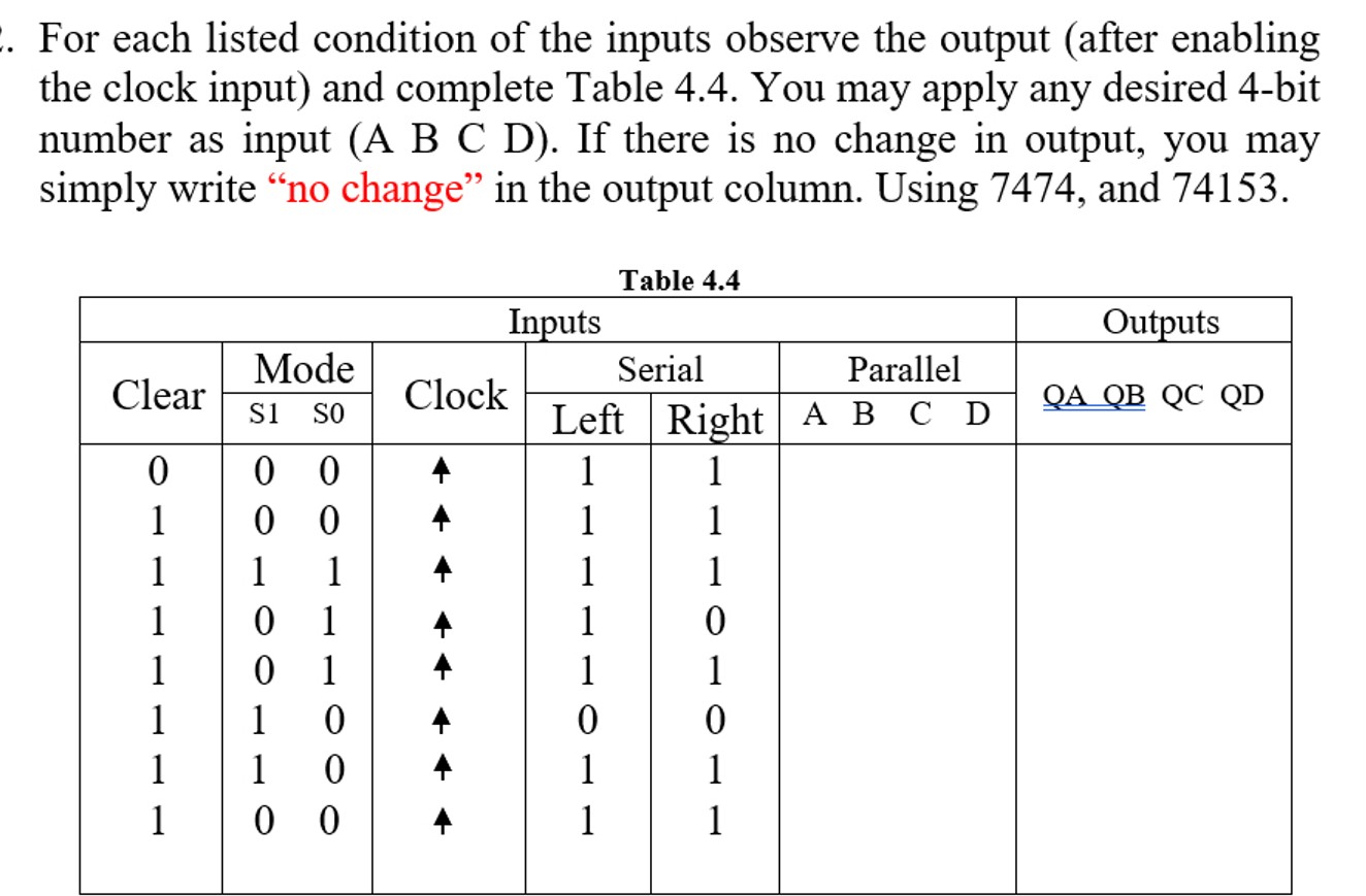 Solved For each listed condition of the inputs observe the | Chegg.com