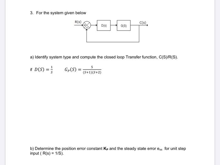 Solved 3. For the system given below R(s) C(s) D(S) G(S) a) | Chegg.com