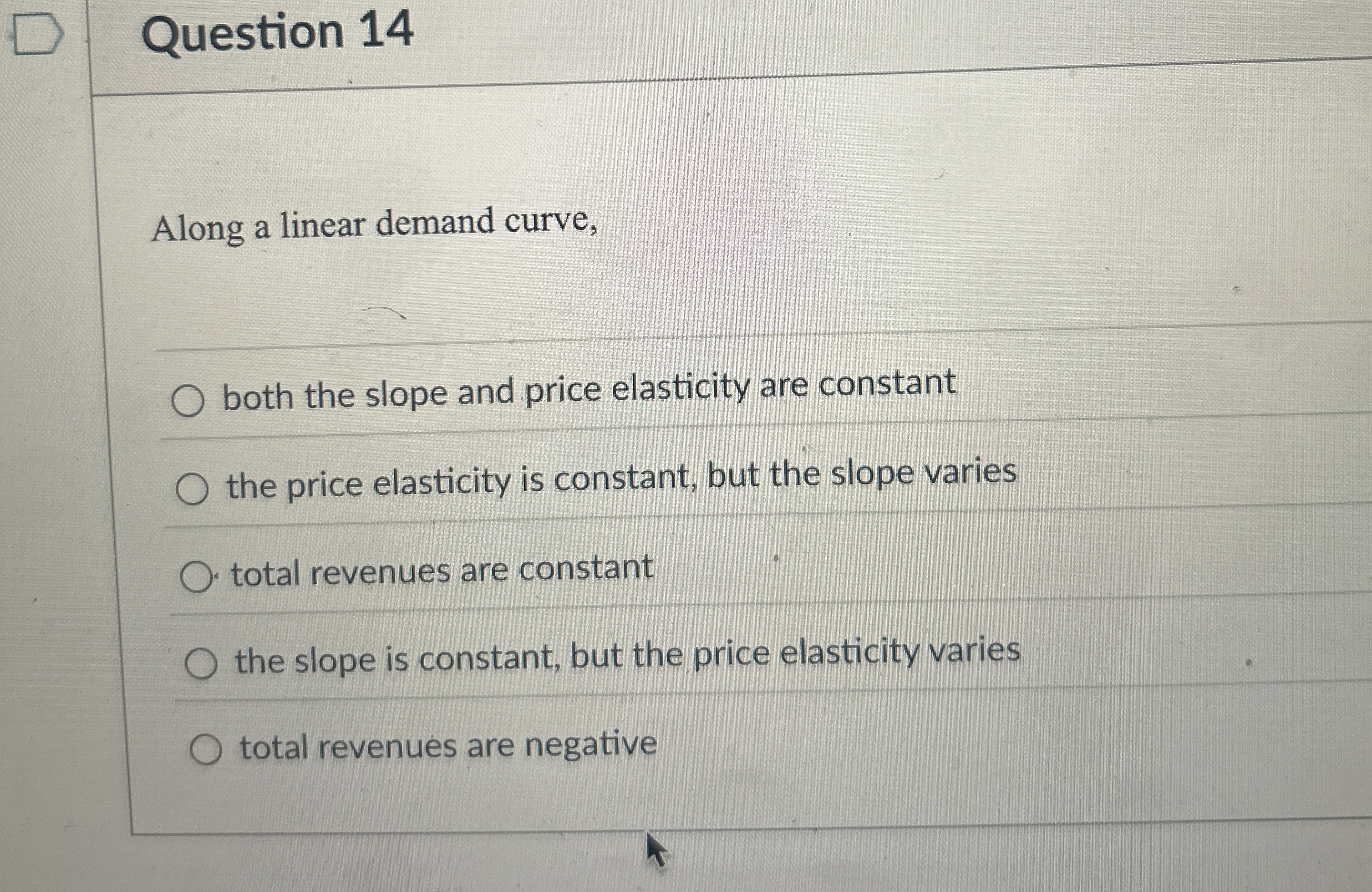 Solved Question 14Along a linear demand curve,both the slope | Chegg.com
