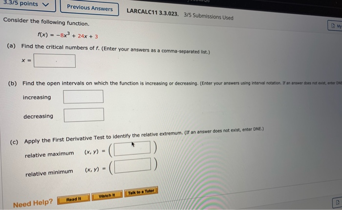 Solved 3.3/5 points Previous Answers LARCALC11 3.3.023. 3/5 | Chegg.com